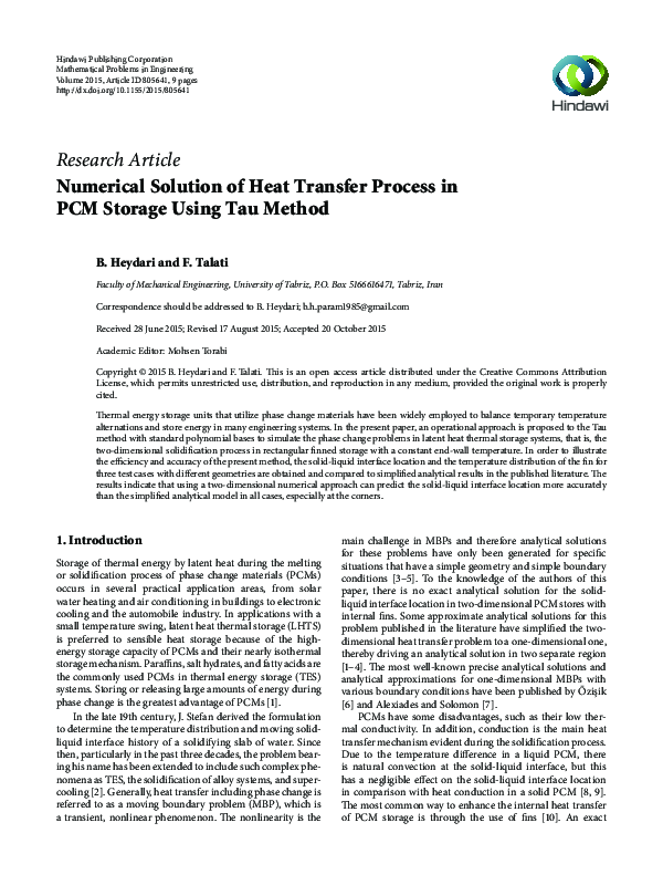 (PDF) Numerical Solution of Heat Transfer Process in PCM Storage Using Tau Method