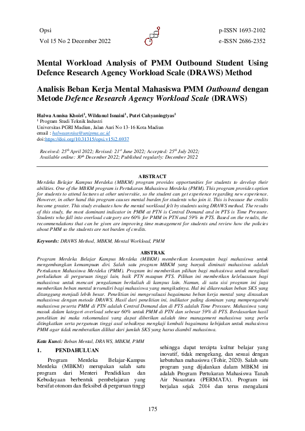(PDF) Mental Workload Analysis of PMM Outbound Student Using Defence ...
