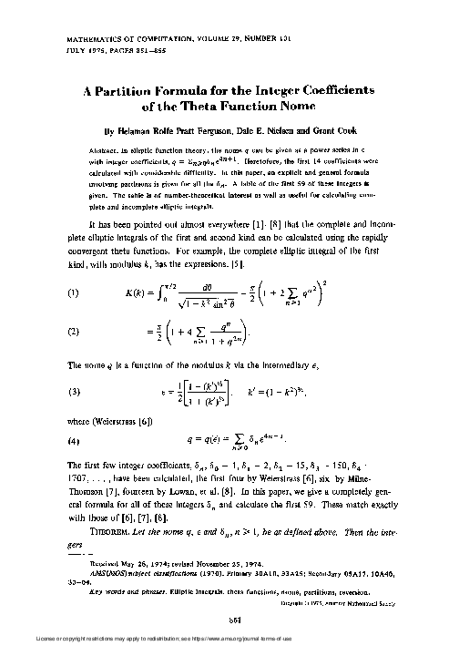(PDF) A partition formula for the integer coefficients of the theta ...