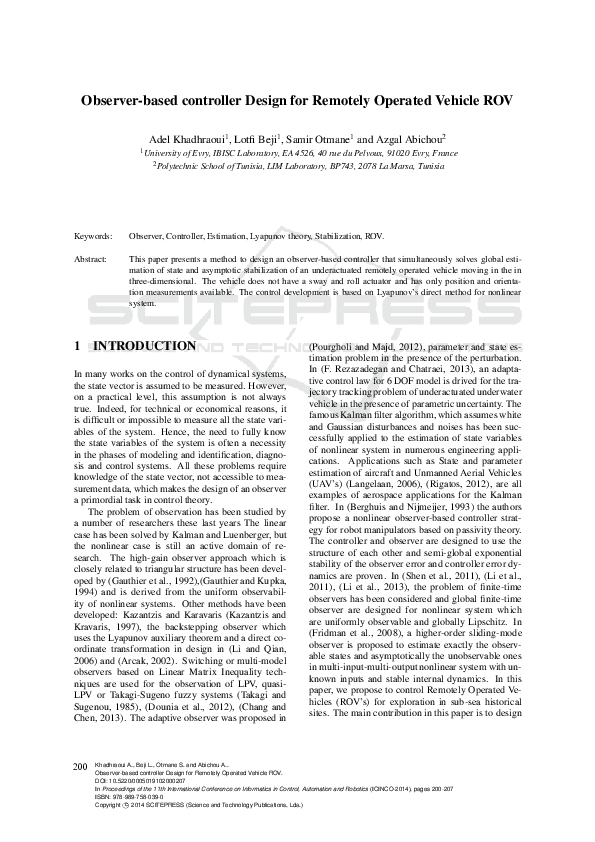 (PDF) Observer-based controller Design for Remotely Operated Vehicle ROV