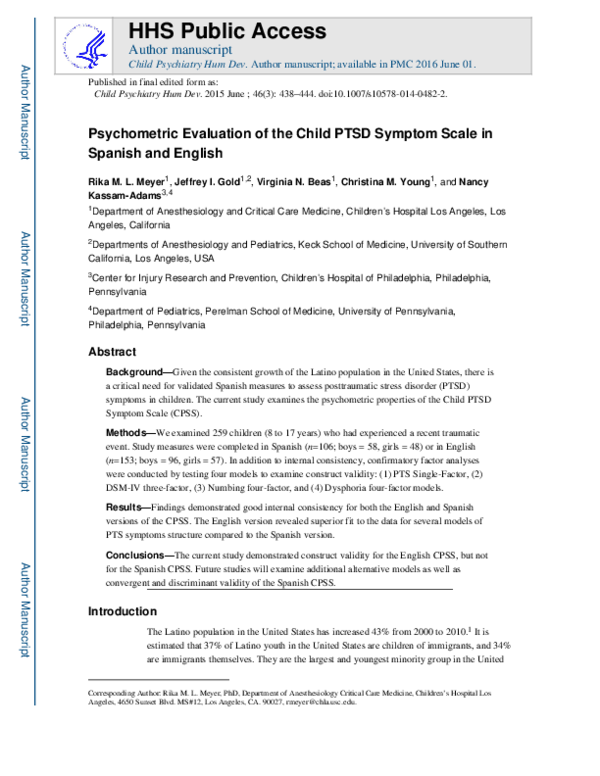 (PDF) Psychometric Evaluation of the Child PTSD Symptom Scale in ...