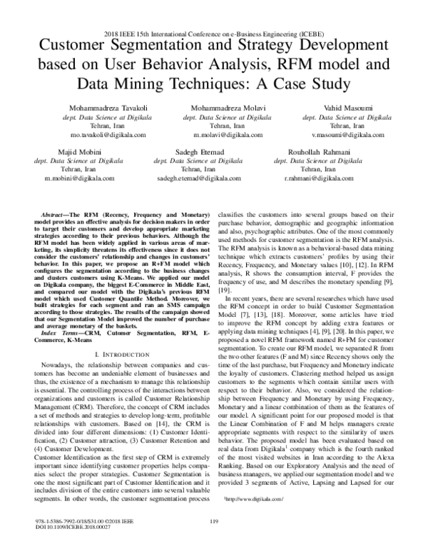 (PDF) Customer Segmentation and Strategy Development Based on User Behavior Analysis, RFM Model ...