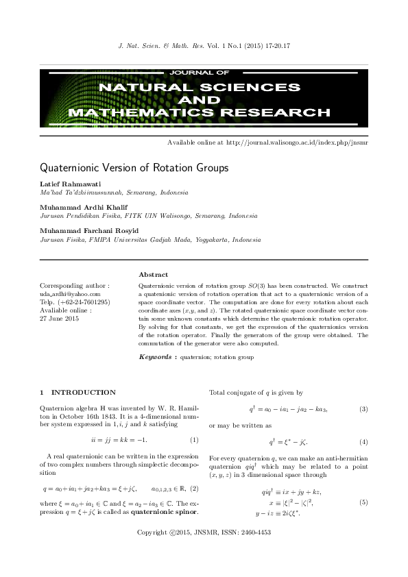 (PDF) Quaternionic Rotation Groups: Construction and Analysis