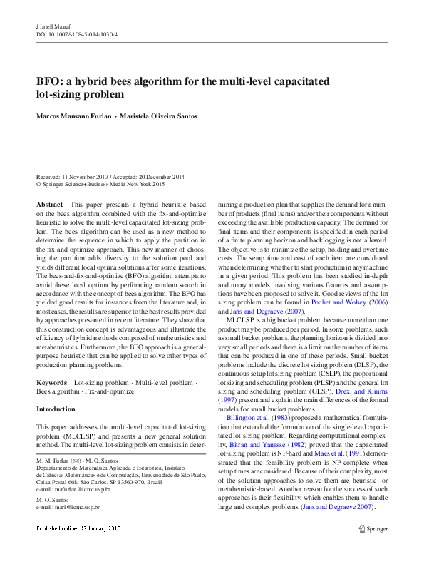 (PDF) BFO: a hybrid bees algorithm for the multi-level capacitated lot-sizing problem
