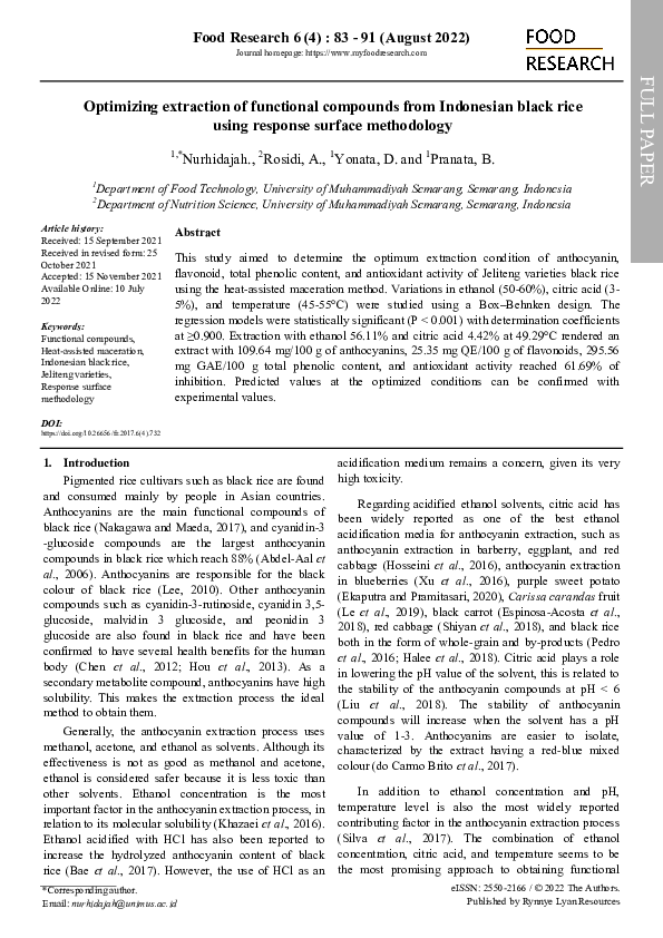 (PDF) Optimizing extraction of functional compounds from Indonesian black rice using response ...