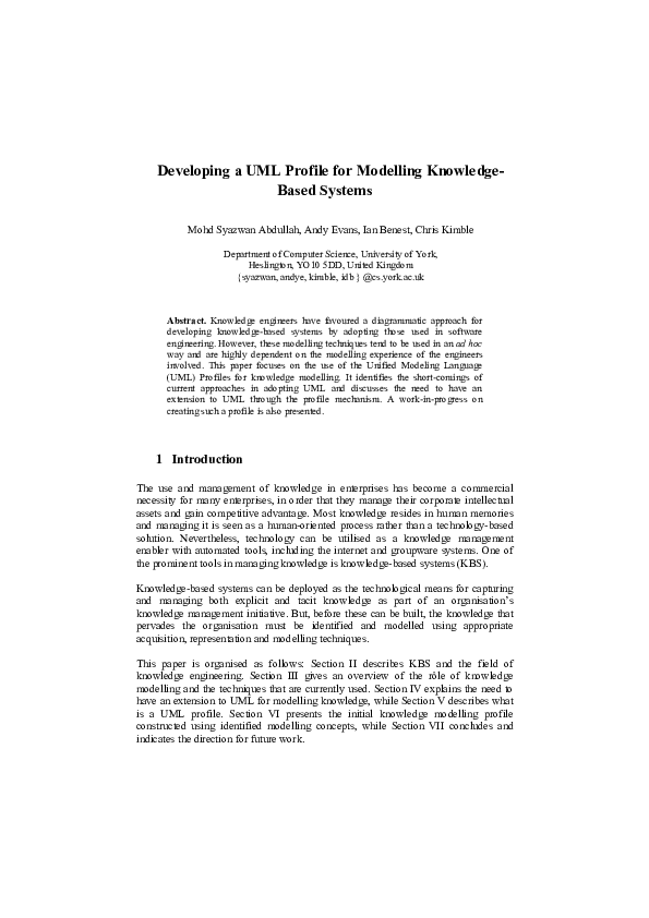 Pdf Developing A Uml Profile For Modelling Knowledge Based Systems