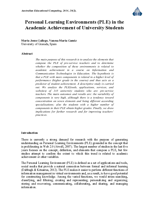 (PDF) Personal Learning Environments (PLE) in the Academic Achievement of University Students