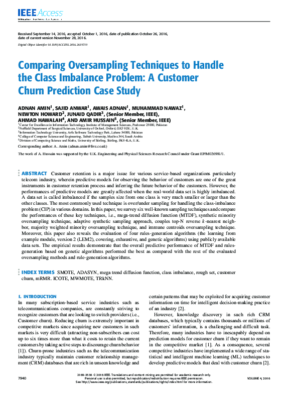 Pdf Comparing Oversampling Techniques To Handle The Class Imbalance