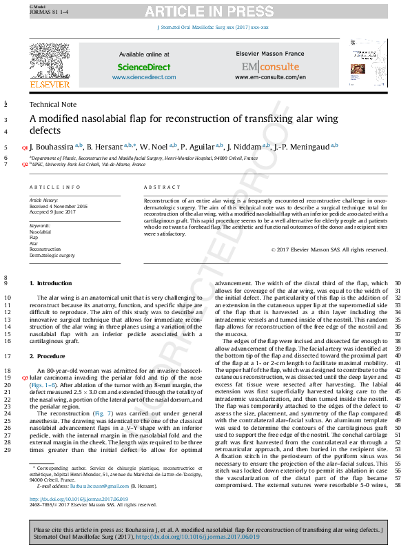 (PDF) A modified nasolabial flap for reconstruction of transfixing alar ...