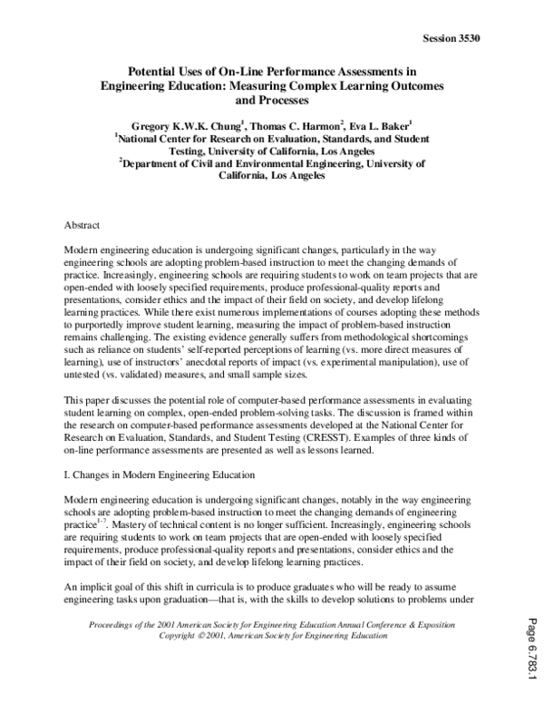 (PDF) Potential Uses Of On Line Performance Assessments In Engineering ...