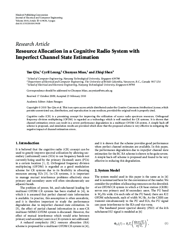 Pdf Resource Allocation In A Cognitive Radio System With Imperfect
