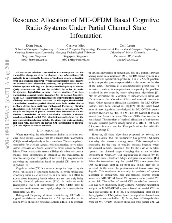 (PDF) Resource Allocation of MUOFDM Based Cognitive Radio Systems Under Partial Channel State ...