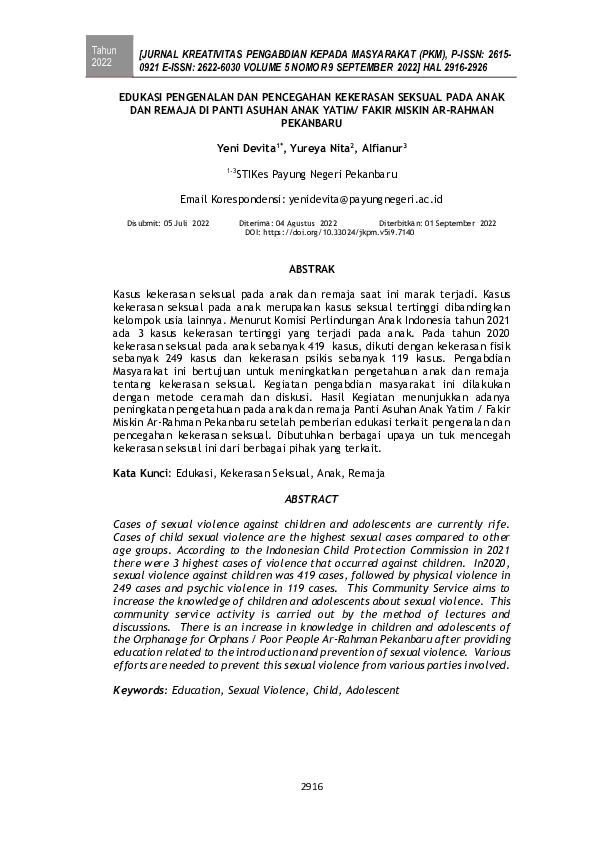 (PDF) Edukasi Pengenalan dan Pencegahan Kekerasan Seksual Pada Anak dan Remaja di Panti Asuhan ...