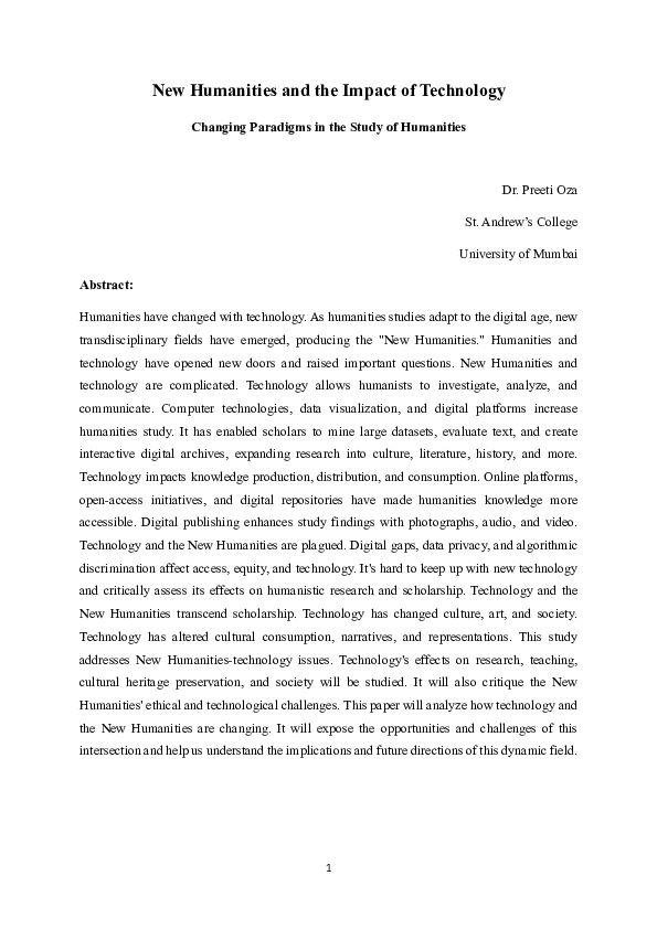(PDF) New Humanities and the Impact of Technology - Changing Paradigms in the Study of Humanities