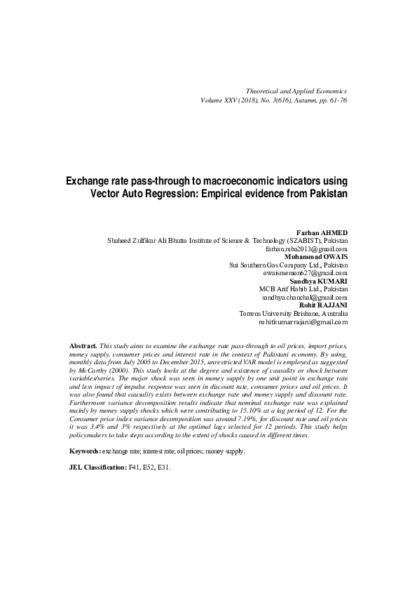 (PDF) Exchange rate pass-through to macroeconomic indicators using Vector Auto Regression ...