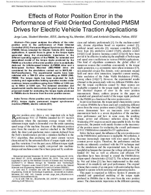 Pdf Effects Of Rotor Position Error In The Performance Of Field Oriented Controlled Pmsm