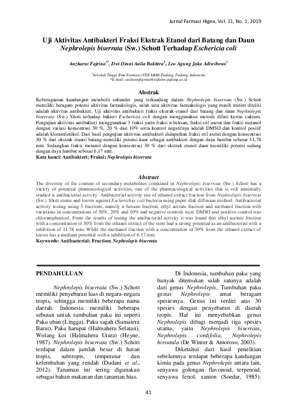 (PDF) Uji Aktivitas Antibakteri Fraksi Ekstrak Etanol dari Batang dan Daun Nephrolepis biserrata ...