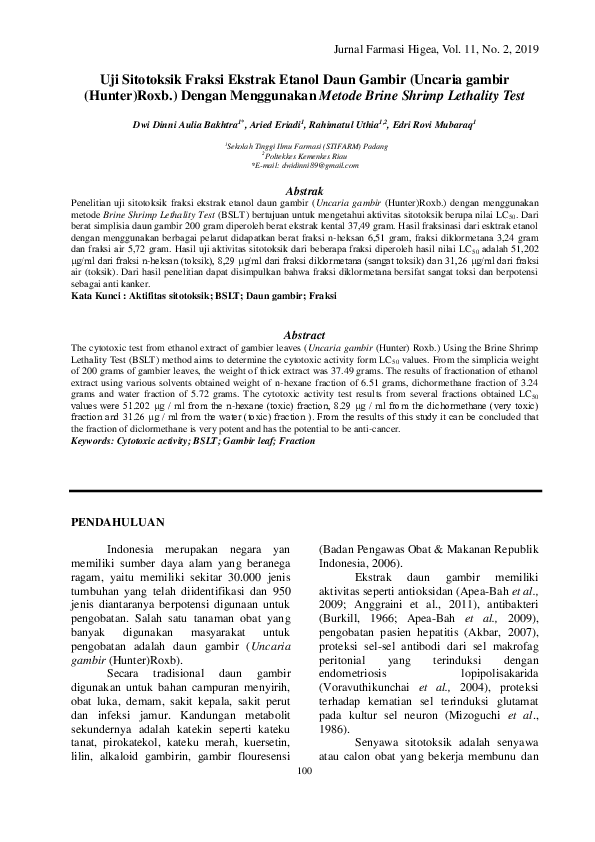 (PDF) Uji Sitotoksik Fraksi Ekstrak Etanol Daun Gambir (Uncaria gambir ...
