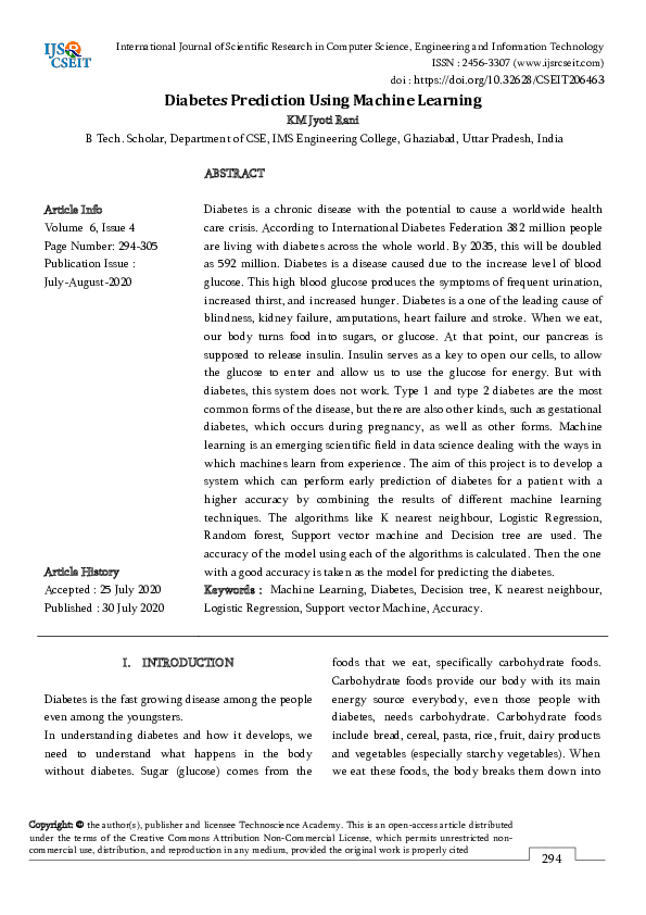 Pdf Diabetes Prediction Using Machine Learning
