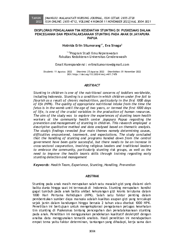 (PDF) Eksplorasi Pengalaman Tim Kesehatan Stunting di Puskesmas dalam ...