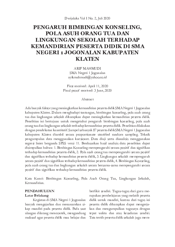 (PDF) Pengaruh Bimbingan Konseling, Pola Asuh Orang Tua dan Lingkungan Sekolah Terhadap ...