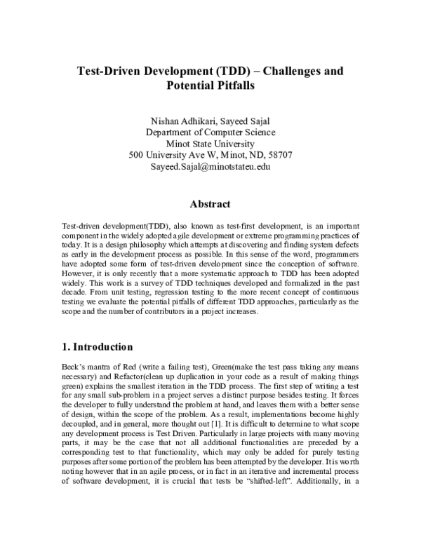 (PDF) Test-Driven Development (TDD) – Challenges and Potential Pitfalls