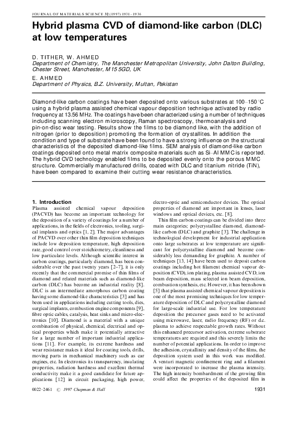 (PDF) Hybrid plasma CVD of diamond-like carbon (DLC) at low temperatures