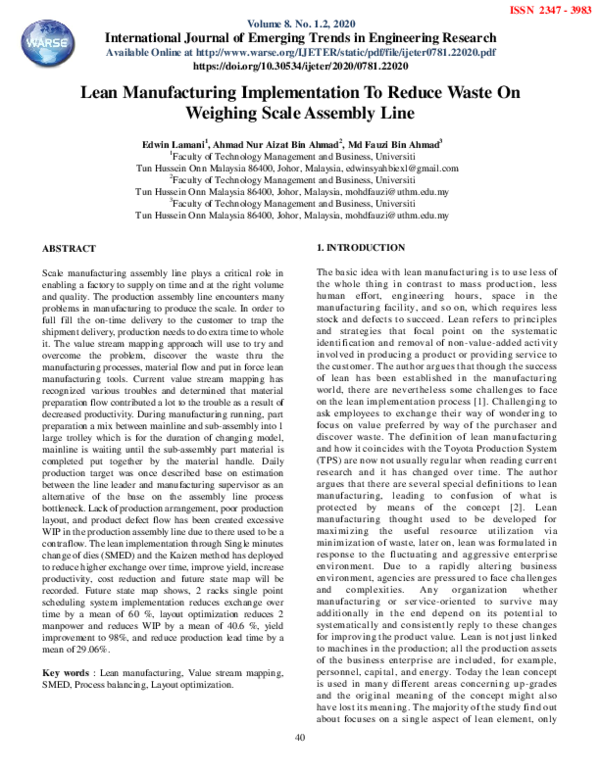 (PDF) Lean Manufacturing Implementation To Reduce Waste On Weighing Scale Assembly Line | Sakti ...