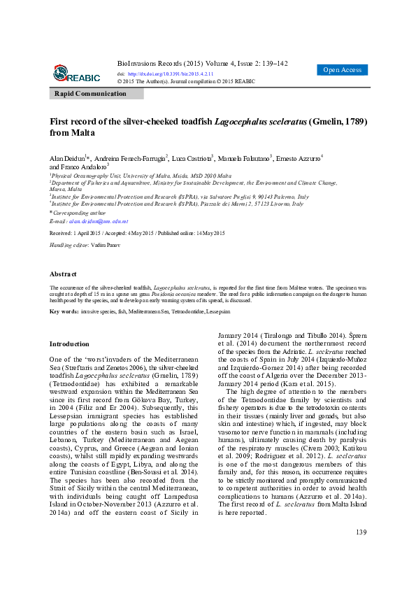 (PDF) First record of the silver-cheeked toadfish Lagocephalus ...