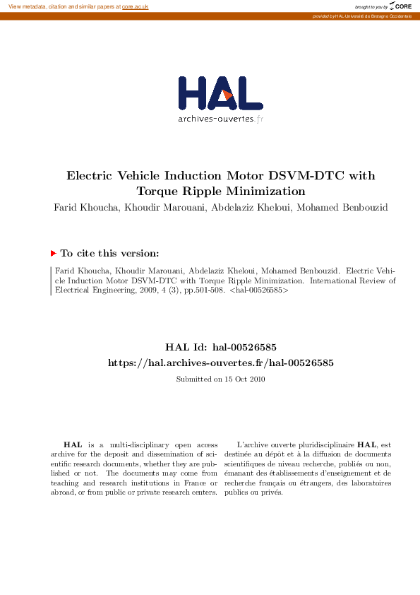 Pdf Electric Vehicle Induction Motor Dsvm Dtc With Torque Ripple