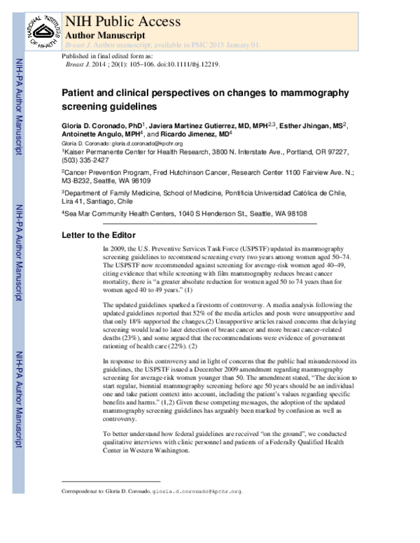 (PDF) Patient and Clinical Perspectives on Changes to Mammography ...