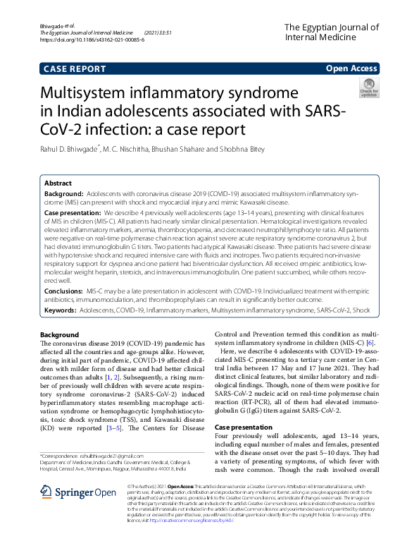 (PDF) Multisystem inflammatory syndrome in Indian adolescents ...