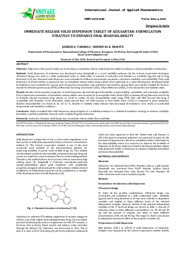 (PDF) IMMEDIATE RELEASE SOLID DISPERSION TABLET OF AZILSARTAN ...