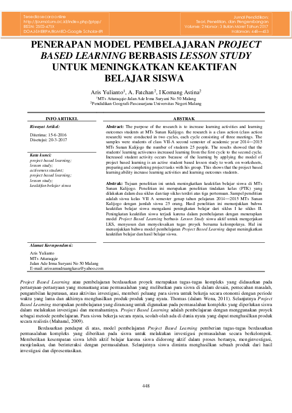 (PDF) Penerapan Model Pembelajaran Project Based Learning Berbasis Lesson Study Untuk ...