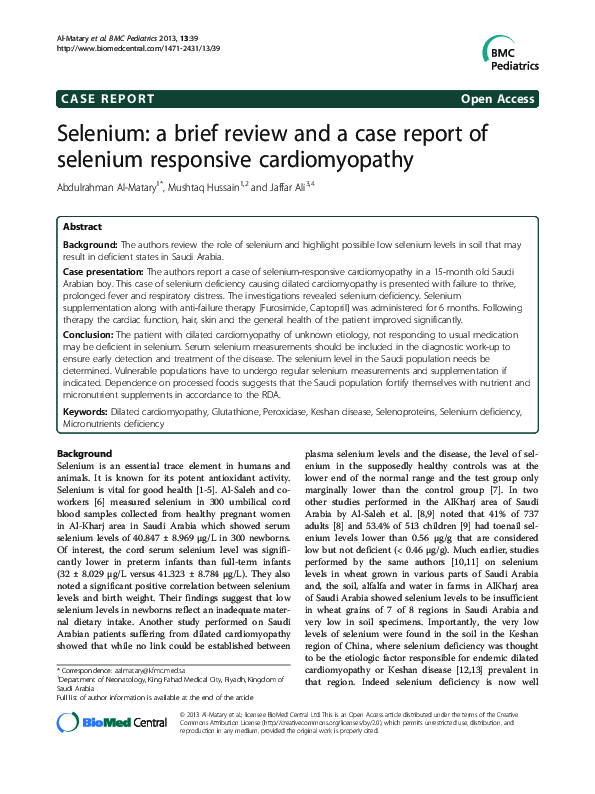 Pdf Selenium A Brief Review And A Case Report Of Selenium Responsive Cardiomyopathy