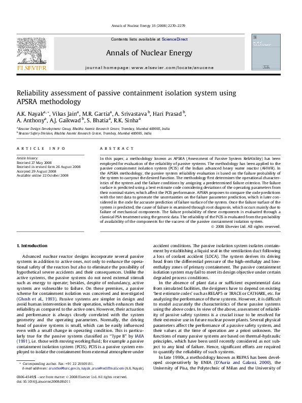 (PDF) Reliability assessment of passive containment isolation system using APSRA methodology