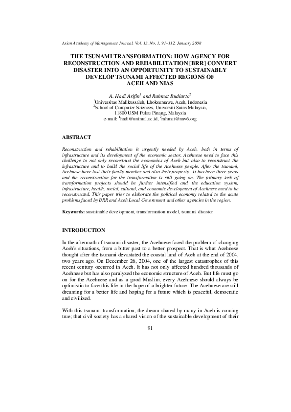 (PDF) The Tsunami Transformation: How Agency for Reconstruction and ...
