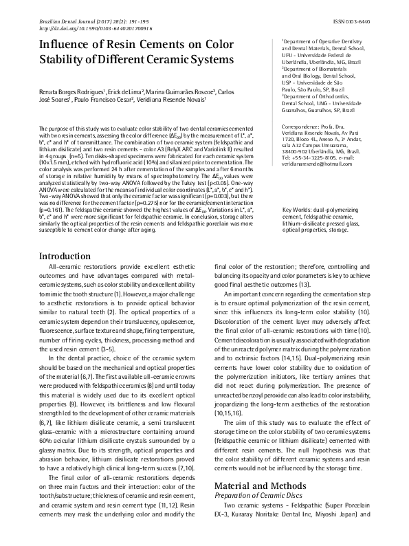 (PDF) Influence of Resin Cements on Color Stability of Different ...
