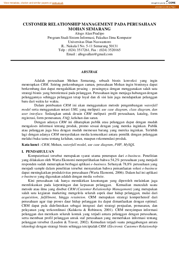(PDF) Customer Relationship Management Pada Perusahaan Mohan Semarang