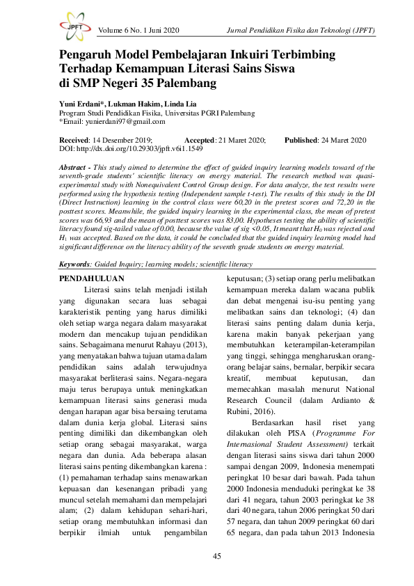 (PDF) Pengaruh Model Pembelajaran Inkuiri Terbimbing Terhadap Kemampuan Berpikir Kritis Pada ...
