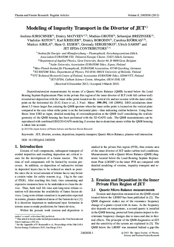 (PDF) Modeling of Impurity Transport in the Divertor of JET
