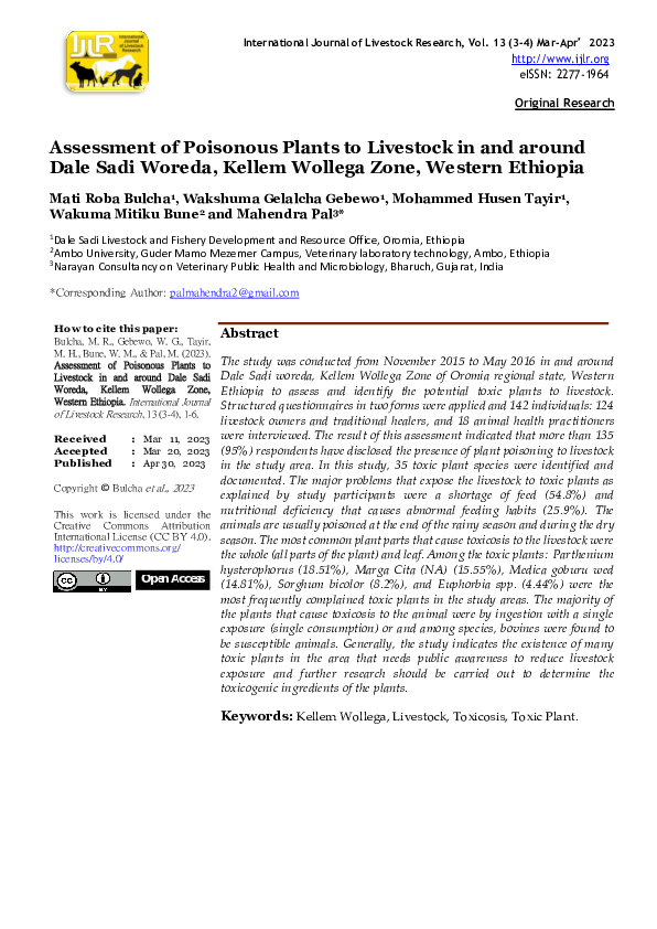 (PDF) Assessment of Poisonous Plants to Livestock in and around Dale ...