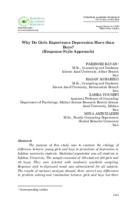 (PDF) Why Do Girls Experience Depression More than Boys? (Response ...