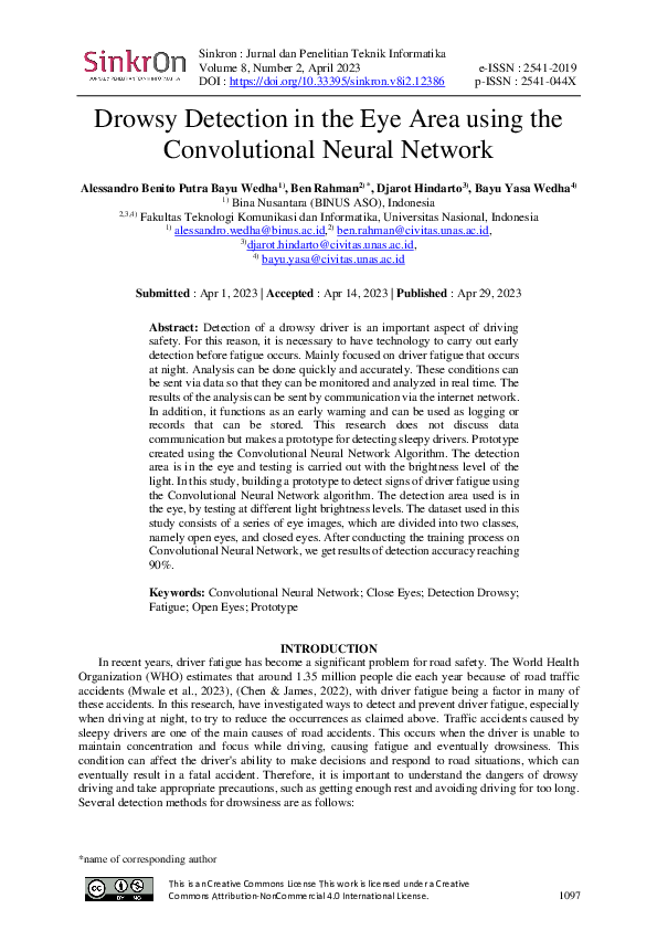 Pdf Drowsy Detection In The Eye Area Using The Convolutional Neural