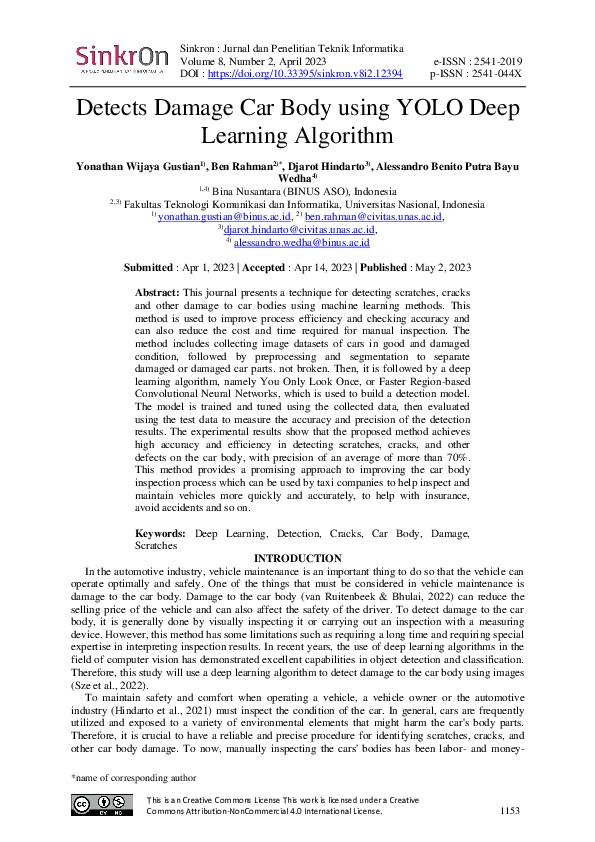 (PDF) Detects Damage Car Body using YOLO Deep Learning Algorithm