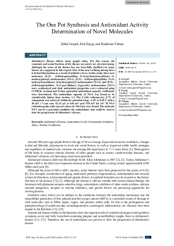 (PDF) The One Pot Synthesis and Antioxidant Activity Determination of ...