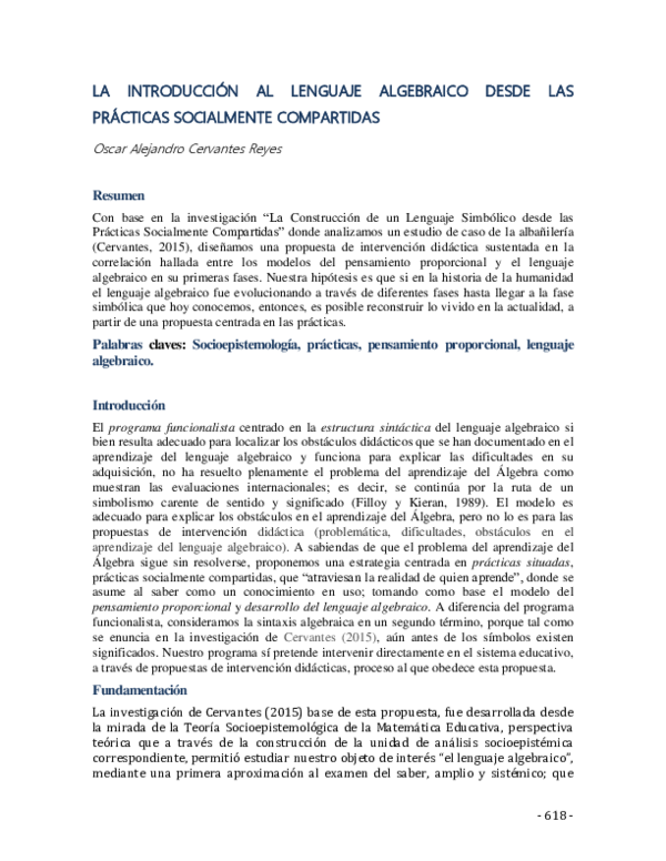 (PDF) La introducción al lenguaje algebraico desde las prácticas socialmente compartidas