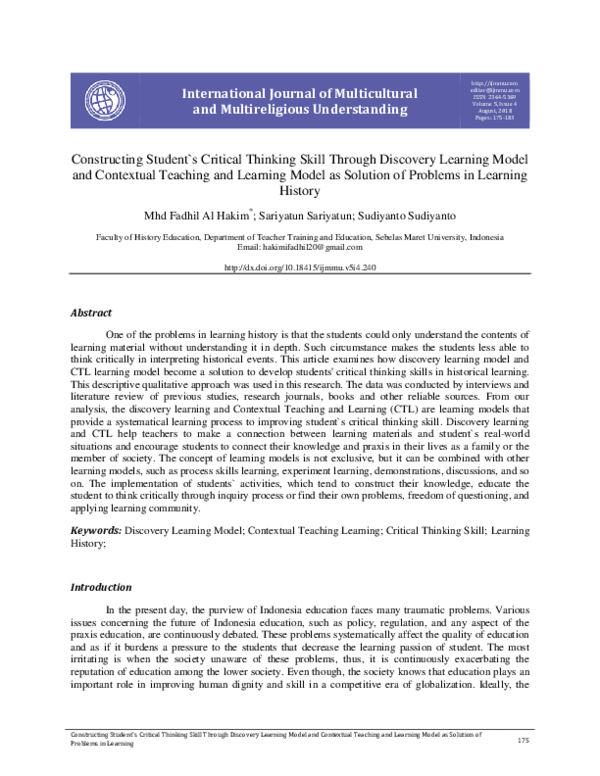 (PDF) Constructing Student`s Critical Thinking Skill through Discovery Learning Model and ...