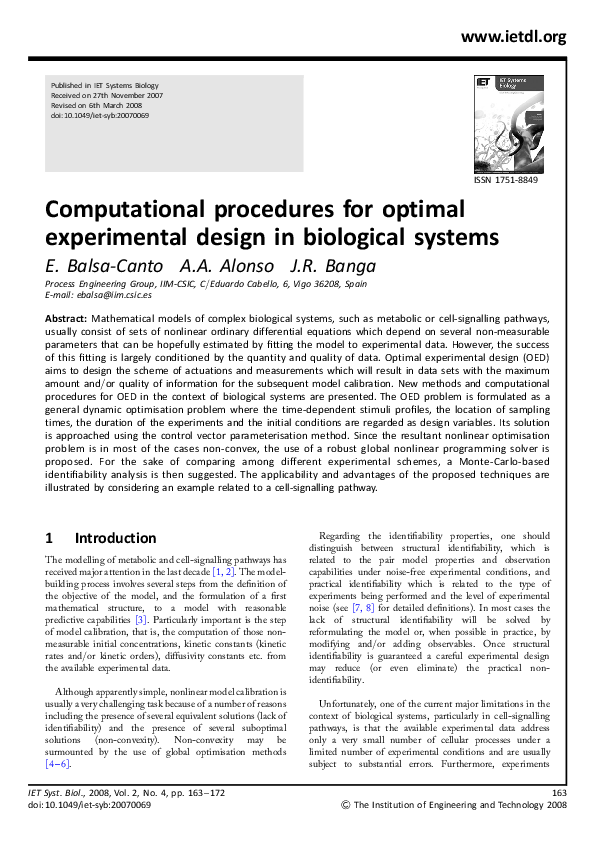 (PDF) Computational procedures for optimal experimental design in biological systems