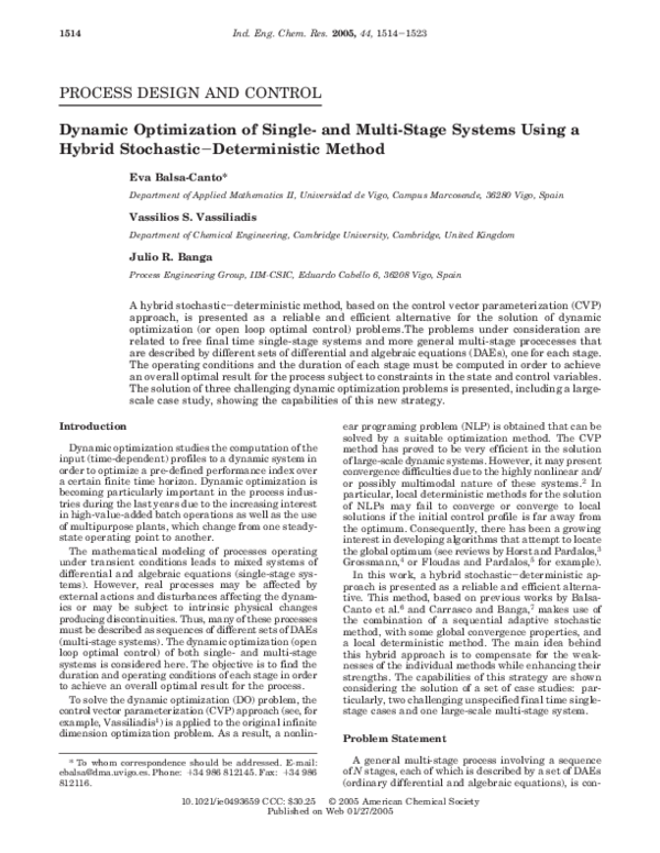 Pdf Dynamic Optimization Of Single And Multi Stage Systems Using A